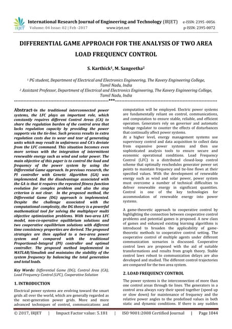 Differential Game Approach For The Analysis Of Two Area Load Frequency Control Pdf