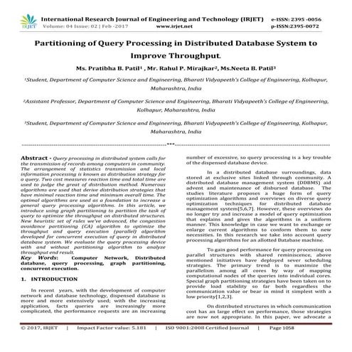 Partitioning Of Query Processing In Distributed Database System To Improve Throughput Pdf 