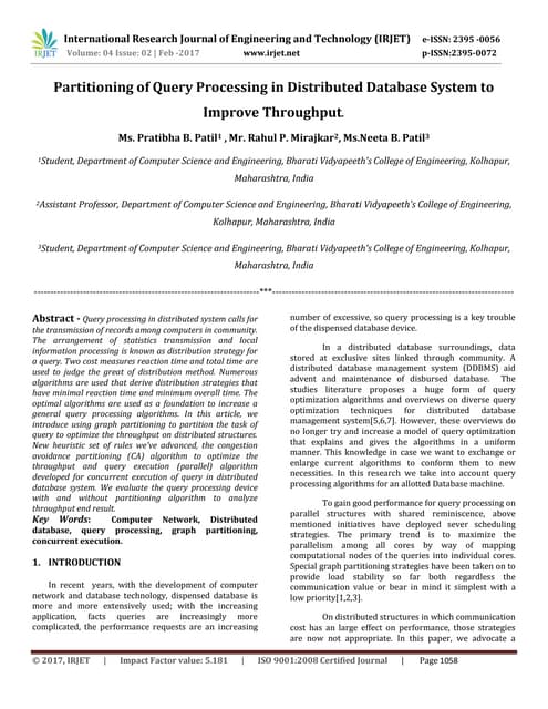 Partitioning Of Query Processing In Distributed Database System To Improve Throughput Pdf