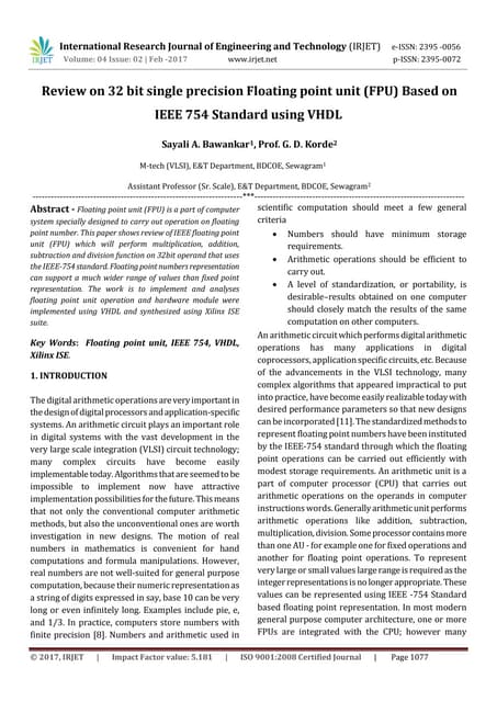 Review On 32 Bit Single Precision Floating Point Unit Fpu Based On Ieee 754 Standard Using