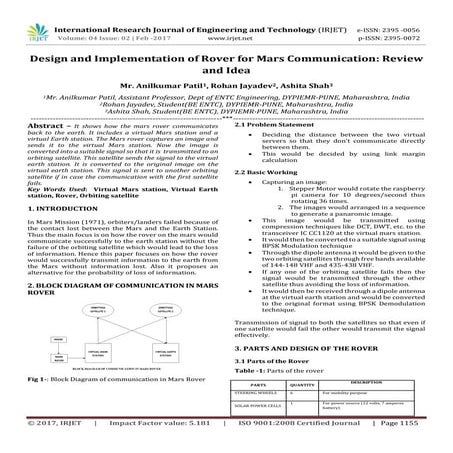 Design And Implementation Of Rover For Mars Communication Review And Idea Pdf 