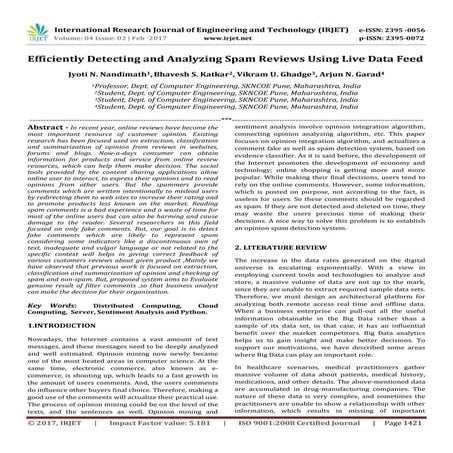 Efficiently Detecting And Analyzing Spam Reviews Using Live Data Feed Pdf