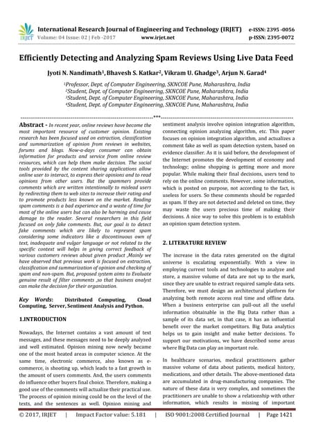 Efficiently Detecting And Analyzing Spam Reviews Using Live Data Feed Pdf