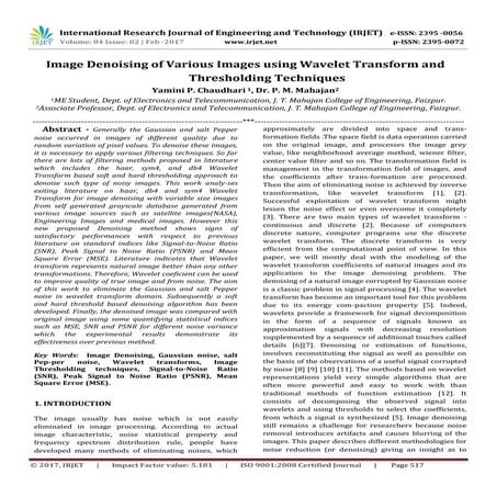 Image Denoising Of Various Images Using Wavelet Transform And Thresholding Techniques Pdf