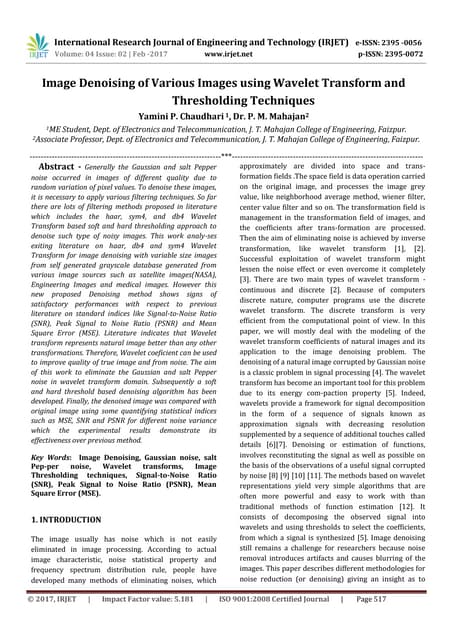 Image Denoising Of Various Images Using Wavelet Transform And Thresholding Techniques Pdf
