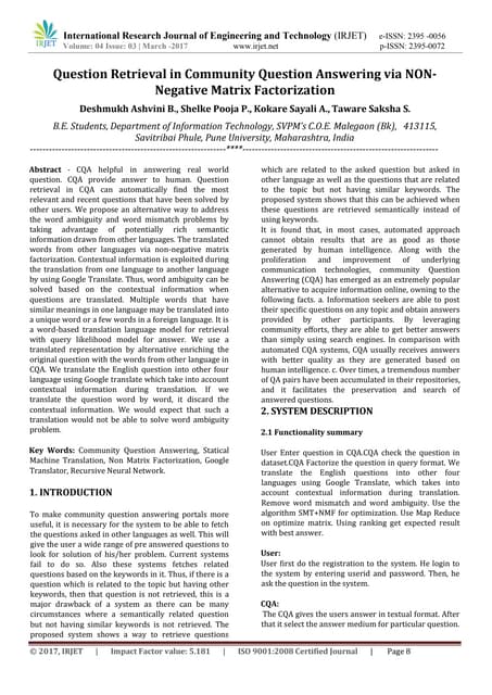 Question Retrieval In Community Question Answering Via Non Negative Matrix Factorization Pdf