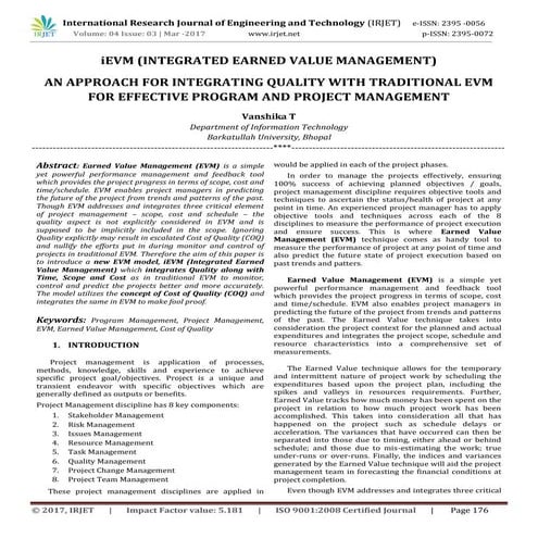 iEVM (Integrated Earned Value Management) An approach for integrating quality with traditional ...