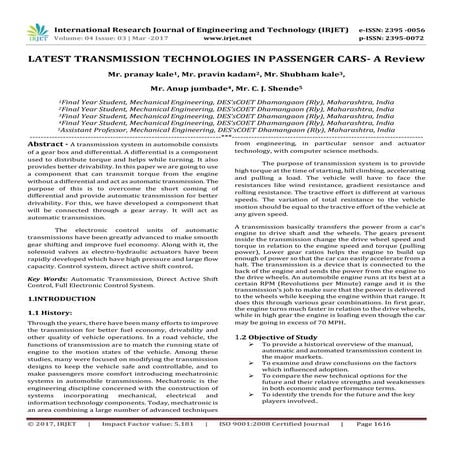 Latest Transmission Technologies In Passenger Cars- A Review | PDF