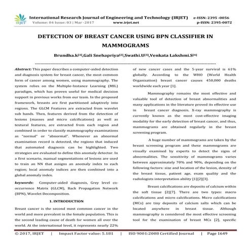 Detection Of Breast Cancer Using Bpn Classifier In Mammograms Pdf 