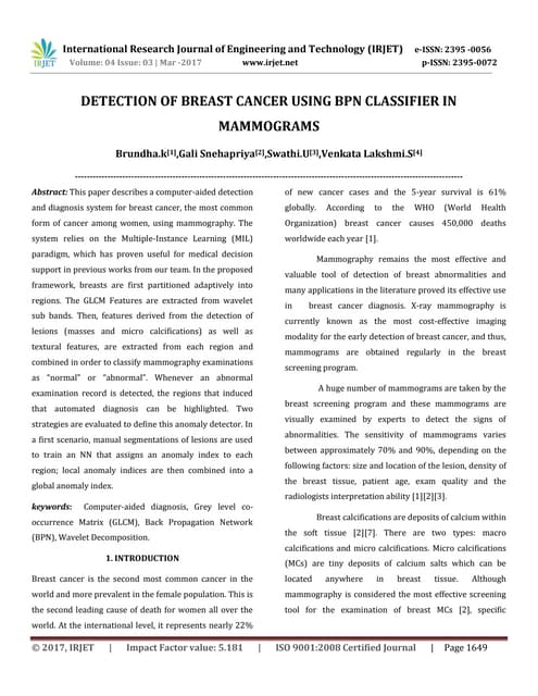 Detection Of Breast Cancer Using Bpn Classifier In Mammograms Pdf
