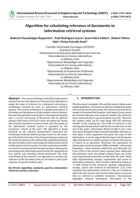 Algorithm For Calculating Relevance Of Documents In Information