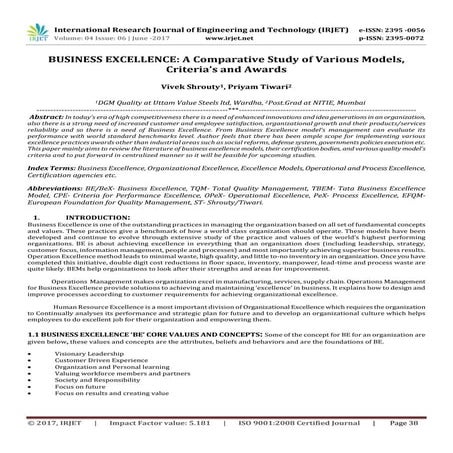 Business Excellence: A Comparative Study of Various Models, Criteria’s ...