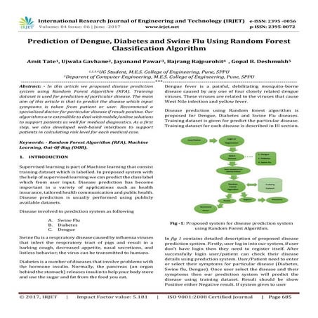 Prediction Of Dengue Diabetes And Swine Flu Using Random Forest Classification Algorithm Pdf