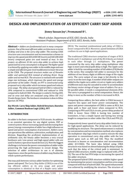 Design And Implementation Of An Efficient Carry Skip Adder Pdf Programming Languages Computing