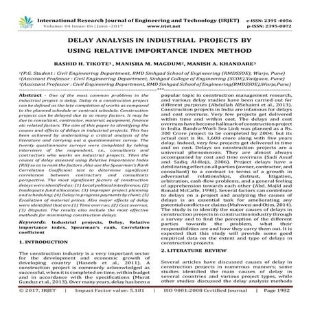 Delay Analysis in Industrial Projects by using Relative Importance Index Method | PDF