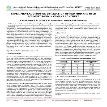 Experimental Study on Utilization of Red Mud and Used Foundry Sand in Cement Concrete | PDF