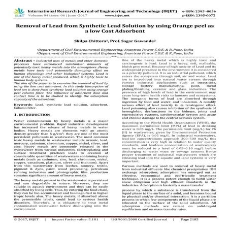 Removal of Lead from Synthetic Lead Solution by using Orange peel as a ...
