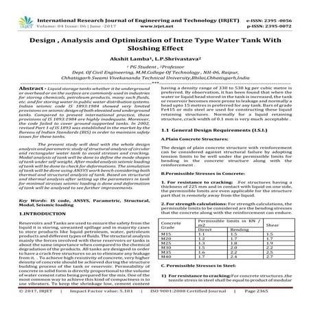 Design , Analysis and Optimization of Intze Type Water Tank With ...