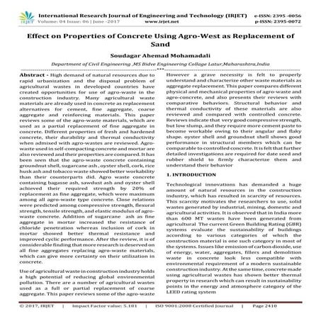 Effect on Properties of Concrete using Agro-West as Replacement of Sand ...