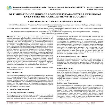 Optimization of Surface Roughness Parameters in Turning EN1A Steel on a CNC Lathe with Coolant | PDF