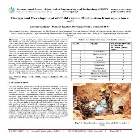 Design and Development of Child Rescue Mechanism from Open Bore Well | PDF
