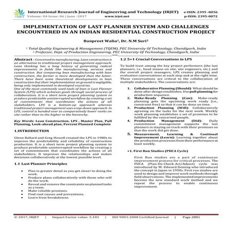 Implementation of Last Planner System and Challenges Encountered in an Indian Residential ...