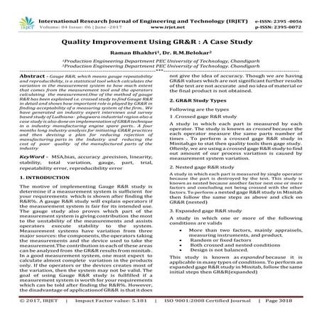 Quality Improvement Using Gr&R : A Case Study | PDF