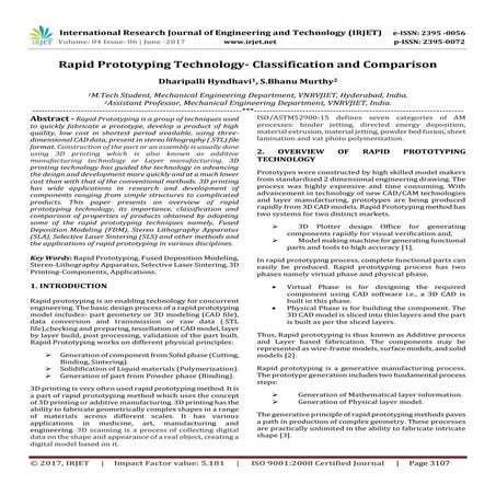 Rapid Prototyping Technology- Classification and Comparison | PDF