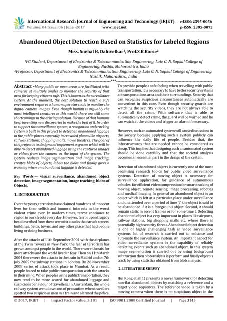 Abandoned Object Detection Based On Statistics For Labeled Regions Pdf