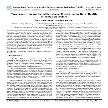 Two Layer k-means based Consensus Clustering for Rural Health Information System | PDF