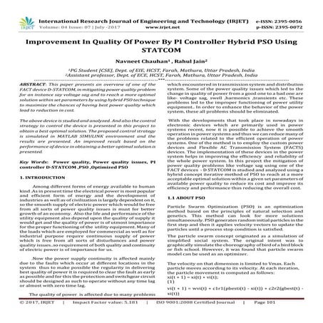 Improvement In Quality Of Power By Pi Controller Hybrid Pso Using Statcom Pdf Computer