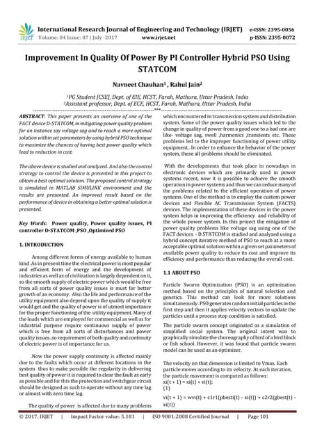 Improvement In Quality Of Power By Pi Controller Hybrid Pso Using Statcom Pdf Computer