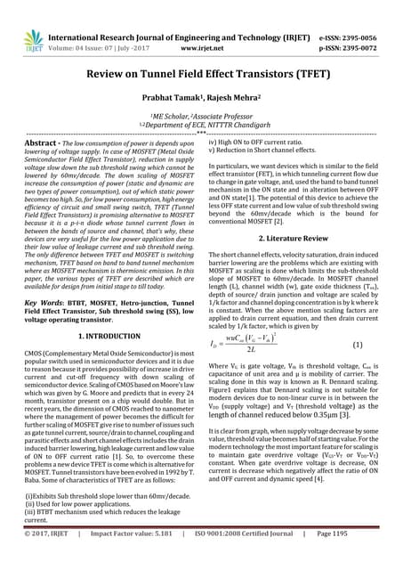 Review On Tunnel Field Effect Transistors Tfet Pdf Physics Science