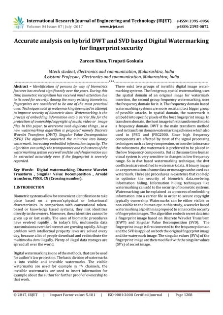 Accurate Analysis On Hybrid Dwt And Svd Based Digital Watermarking For Fingerprint Security Pdf