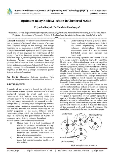 Optimum Relay Node Selection In Clustered Manet Pdf