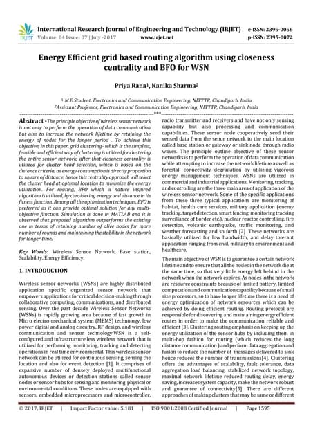 Energy Efficient Grid Based Routing Algorithm Using Closeness Centrality And Bfo For Wsn Pdf