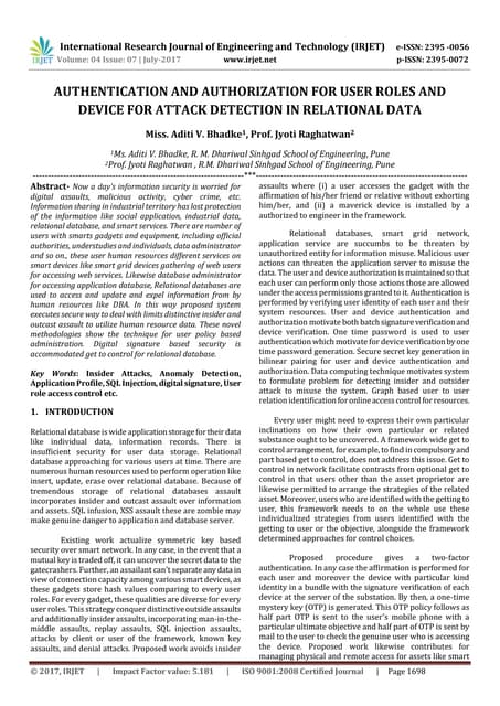 Authentication And Authorization For User Roles And Device For Attack Detection In Relational
