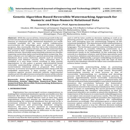 Genetic Algorithm Based Reversible Watermarking Approach For Numeric And Non Numeric Relational