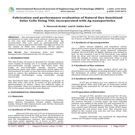 Fabrication and Performance Evaluation of Natural Dye Sensitized Solar Cells using TiO2 ...