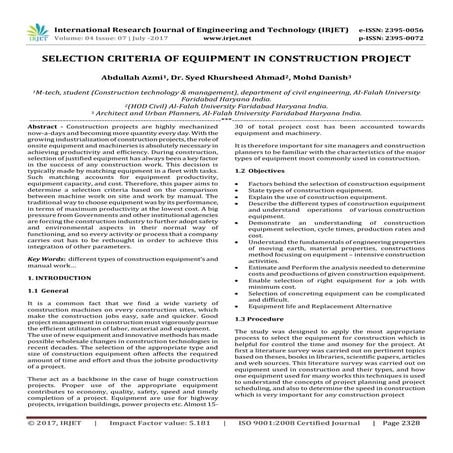 Selection Criteria of Equipment in Construction Project | PDF