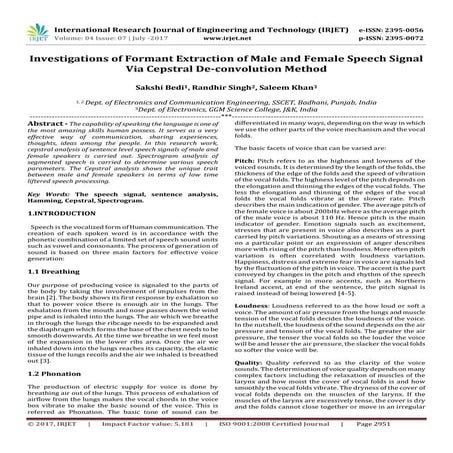 Investigations Of Formant Extraction Of Male And Female Speech Signal Via Cepstral De