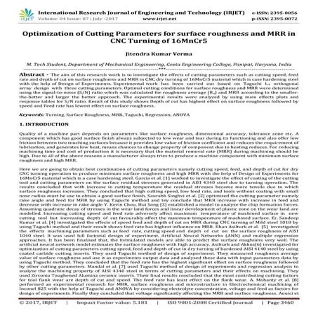 Optimization Of Cutting Parameters For Surface Roughness And Mrr In Cnc