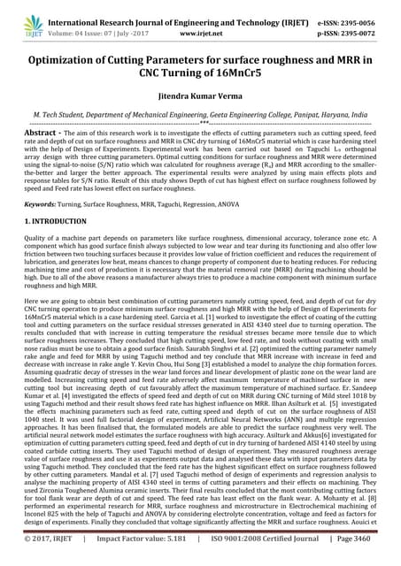 Optimization Of Cutting Parameters For Surface Roughness And Mrr In Cnc