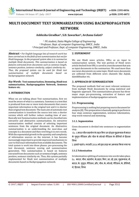 Multi Document Text Summarization Using Backpropagation Network Pdf