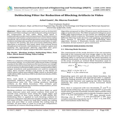 Deblocking Filter For Reduction Of Blocking Artifacts In Video Pdf 