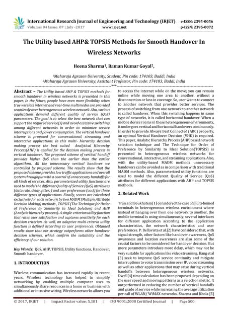The Utility Based Ahpand Topsis Methods For Smooth Handover In Wireless