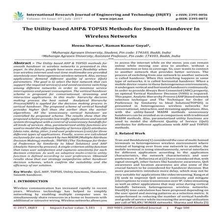 The Utility based AHP& TOPSIS Methods for Smooth Handover in Wireless Networks | PDF
