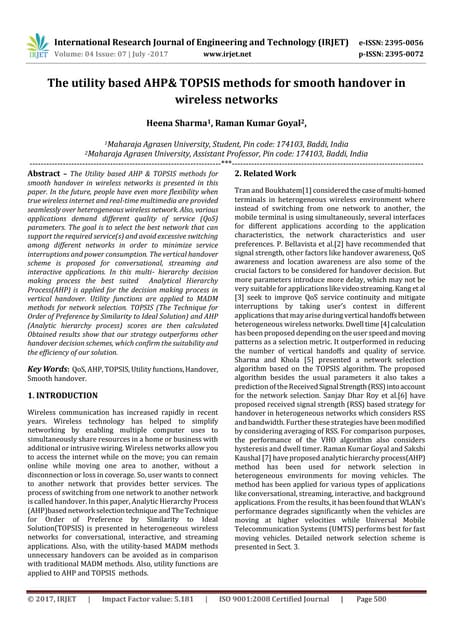 The Utility Based Ahpand Topsis Methods For Smooth Handover In Wireless Networks Pdf