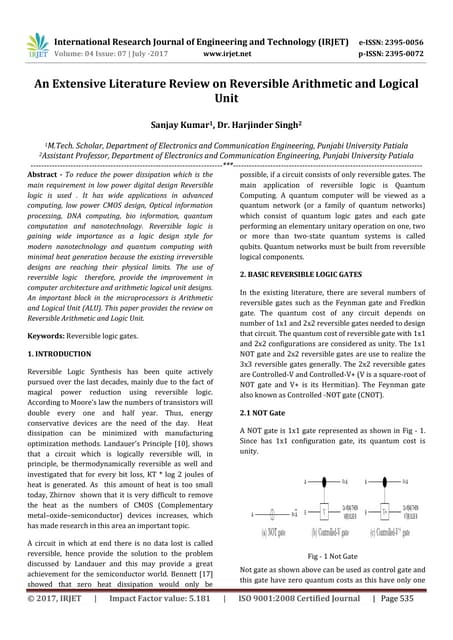 An Extensive Literature Review On Reversible Arithmetic And Logical Unit Pdf