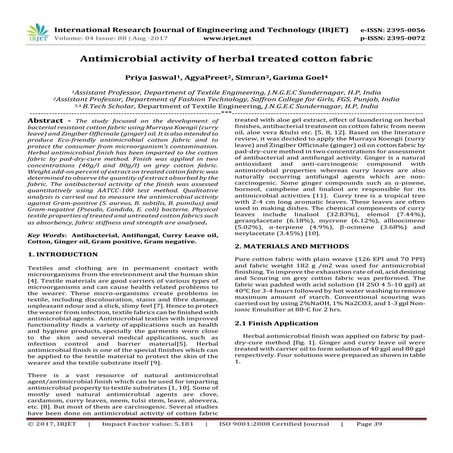 Antimicrobial Activity of Herbal Treated Cotton Fabric | PDF